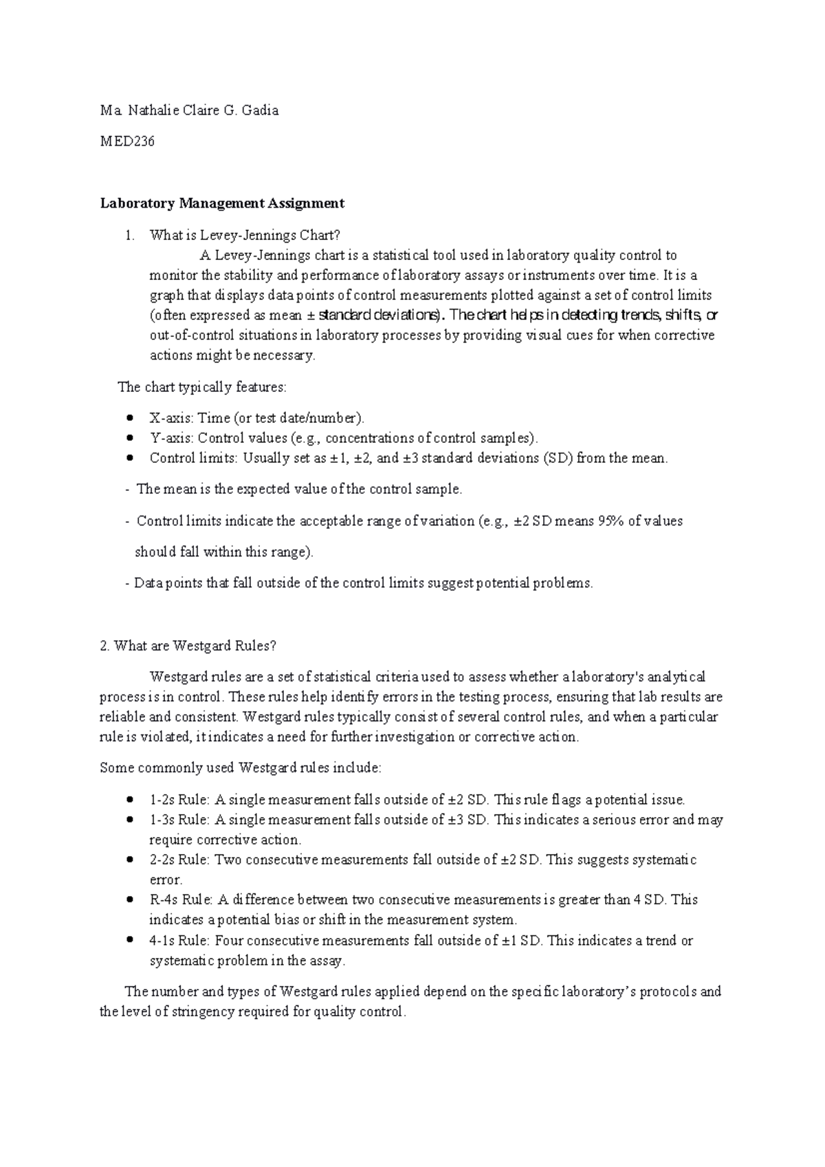 MED236 Laboratory Management Assignment 1: Charts & Westgard Rules ...