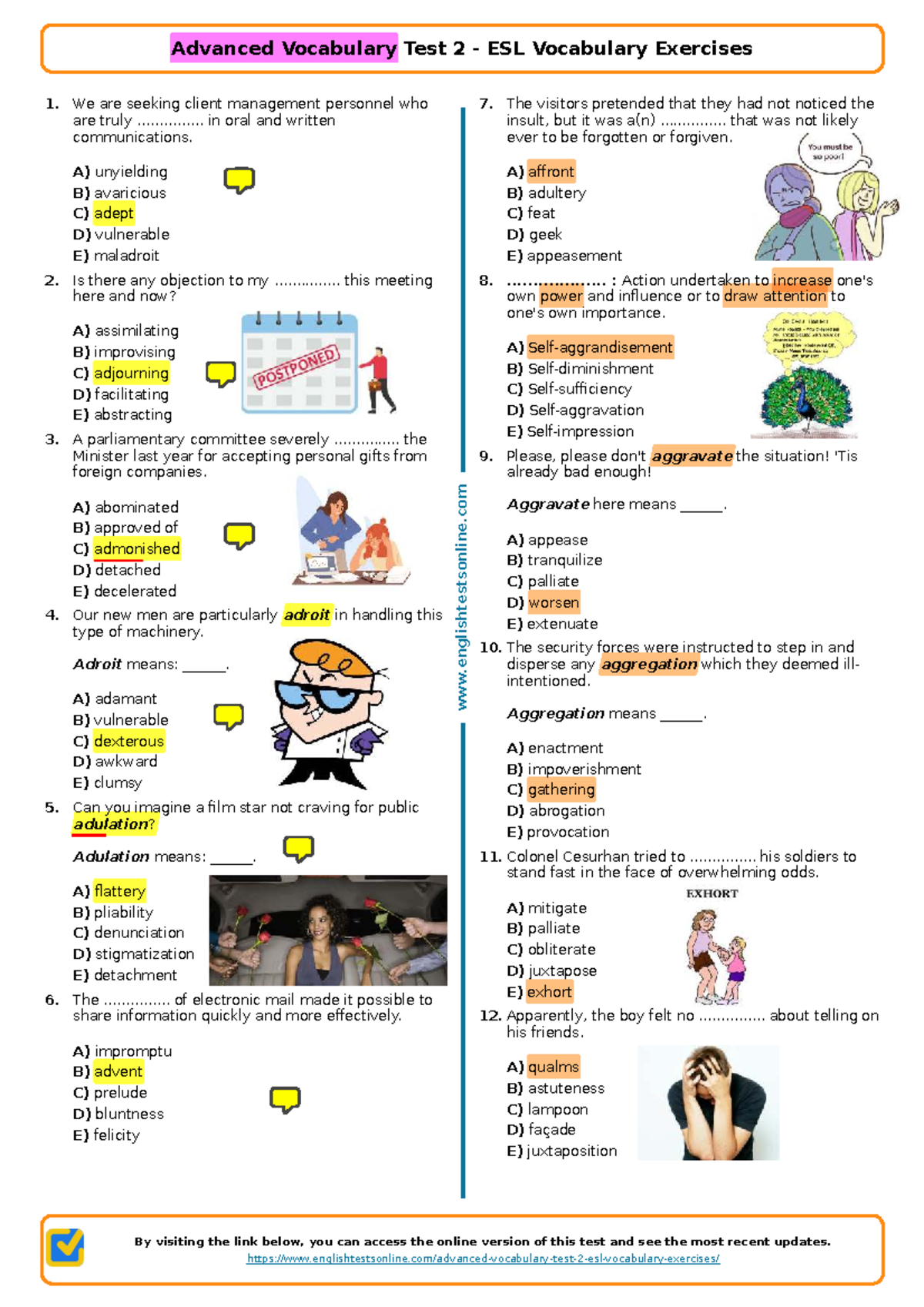 Advanced Vocabulary Test 2 ESL: Solved Exercises and Answers - Studocu