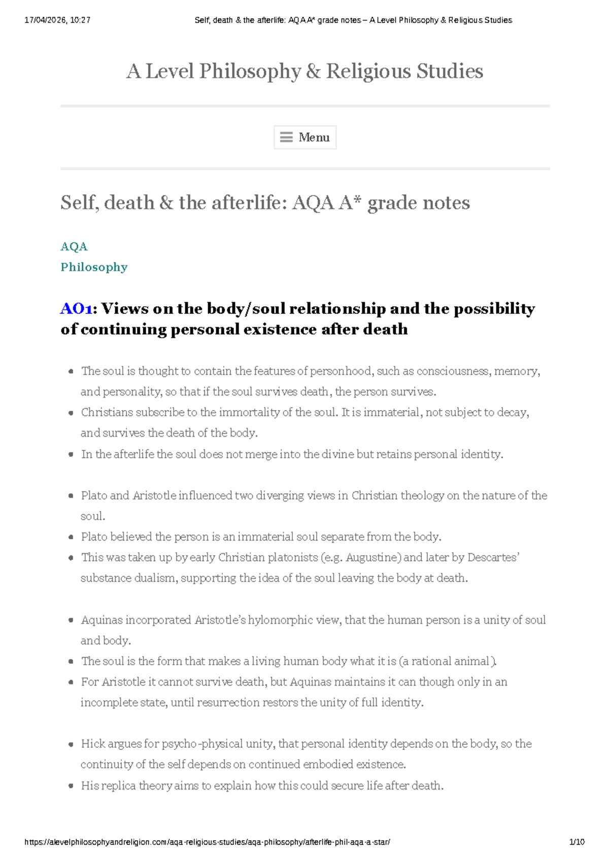 Self, Death & the Afterlife: AQA A Grade Notes for A Level Philosophy ...