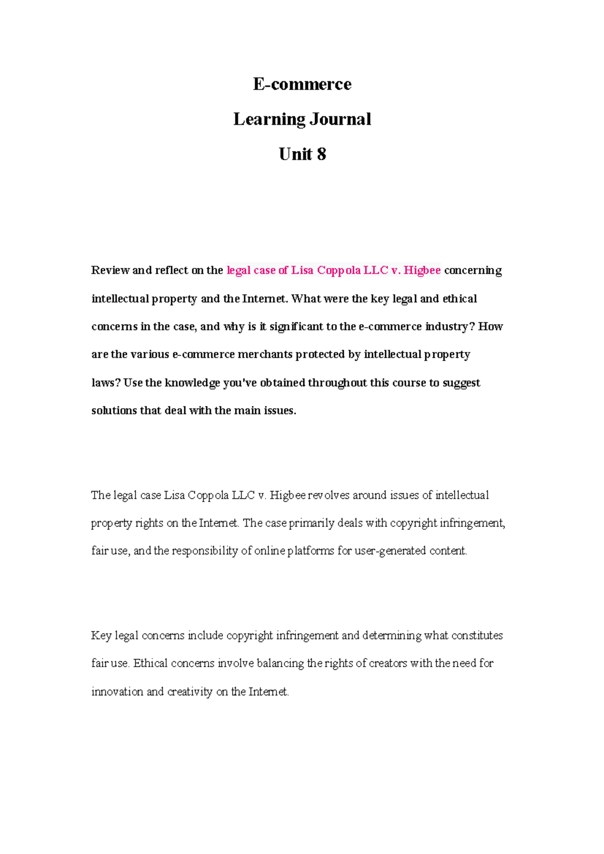 E-commerce Learning Journal Unit 8: Legal Case Study of IP Rights - Studocu