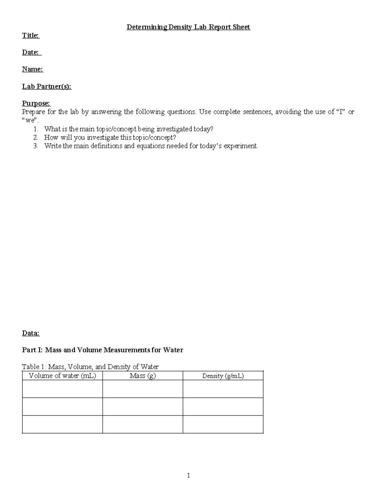 CHEM 1211K - Lab Report: Determining Density of Water & Metal - Studocu