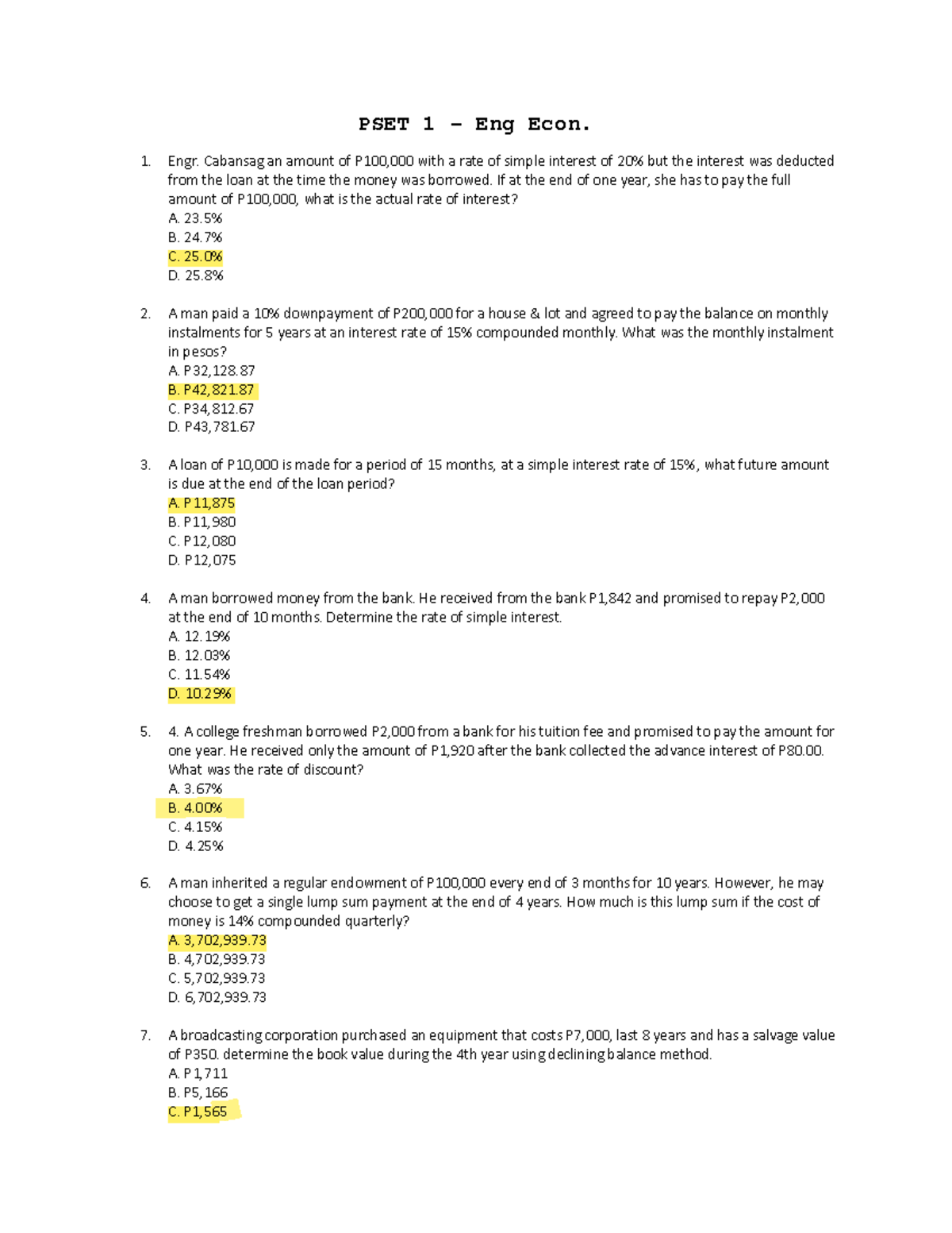 PSET 1: Engineering Economics Problem Set and Solutions - Studocu