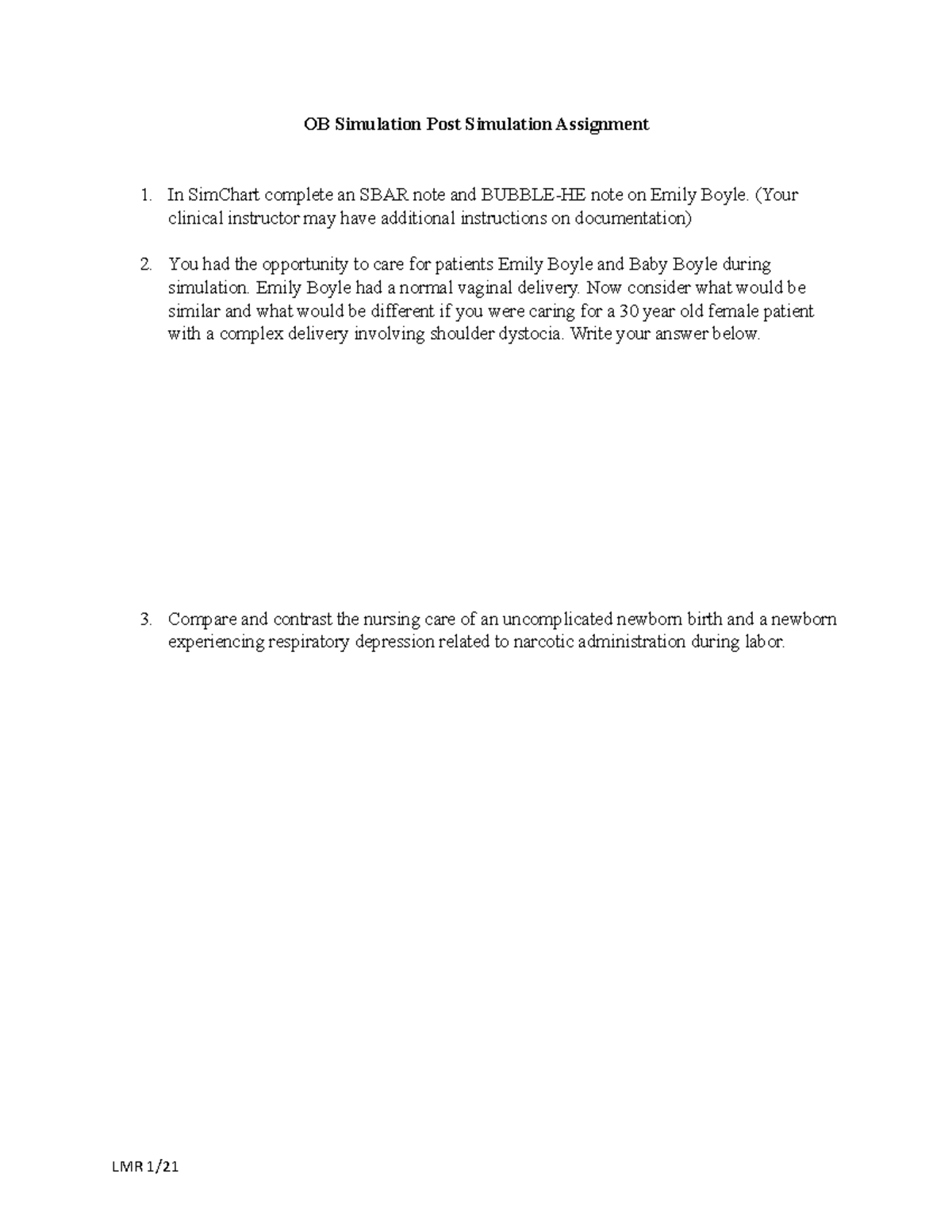 OB Simulation Post Assignment: Caring for Birth Complications - Studocu