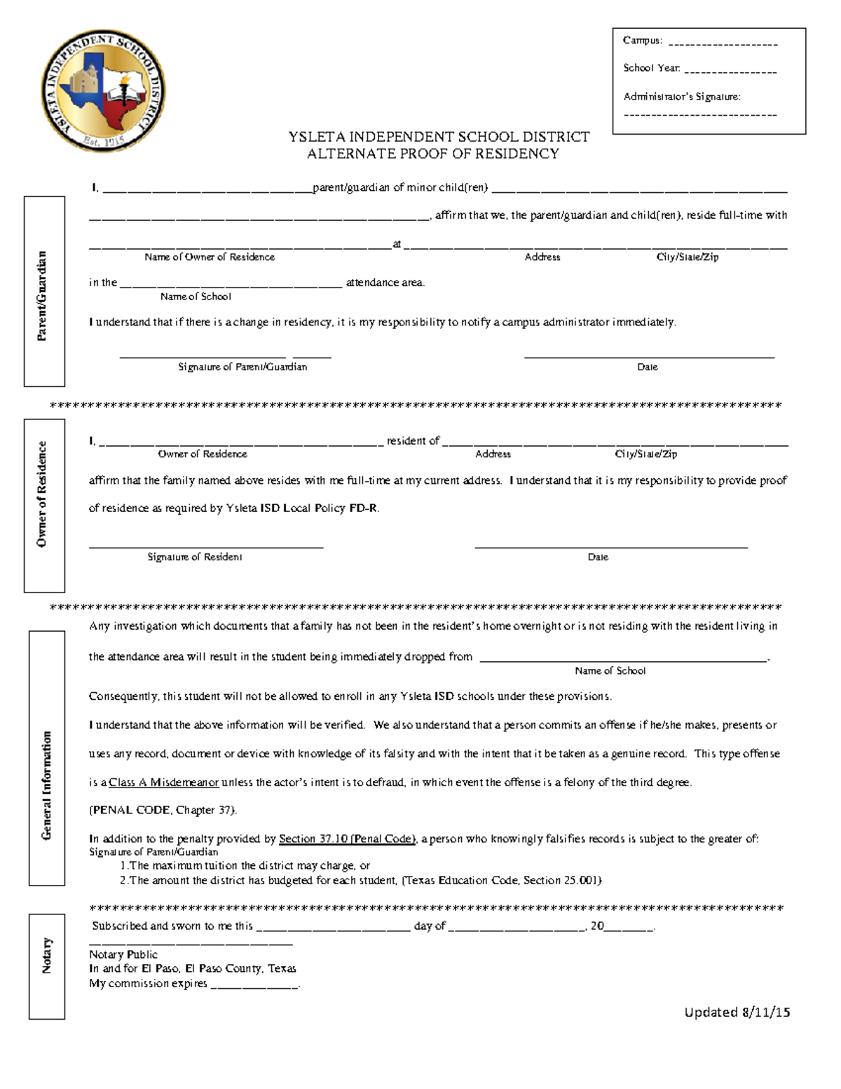 Updated Alternate Proof of Residency Form - YISD 8-11-15 - Studocu