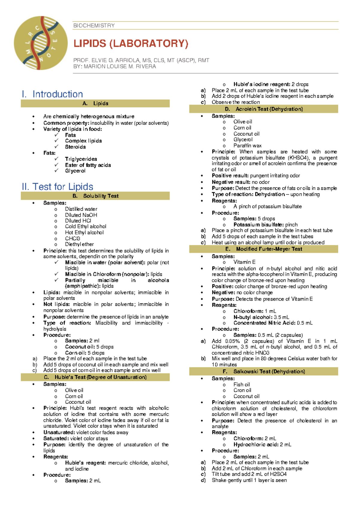 Lipids - BIOCHEMISTRY LIPIDS (LABORATORY) PROF. ELVIE G. ARRIOLA, MS ...