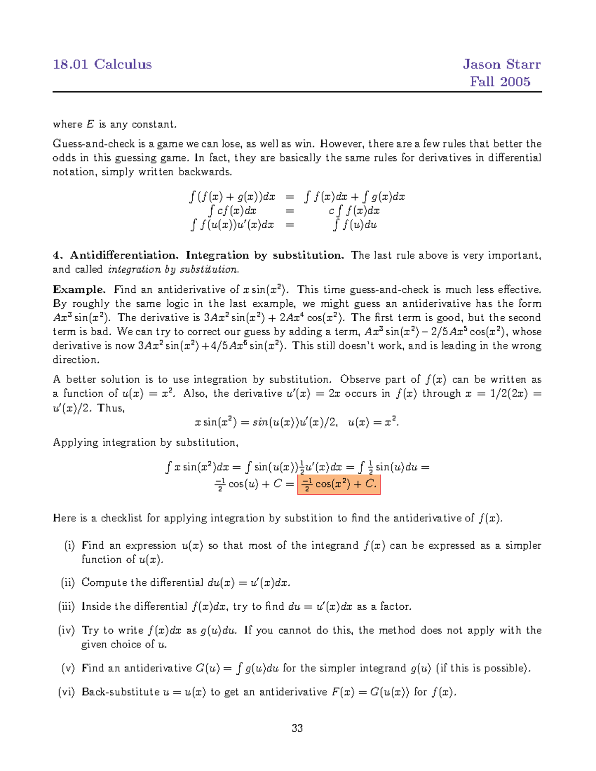 18.01 Calculus: Antidifferentiation & Integration Substitution Notes ...