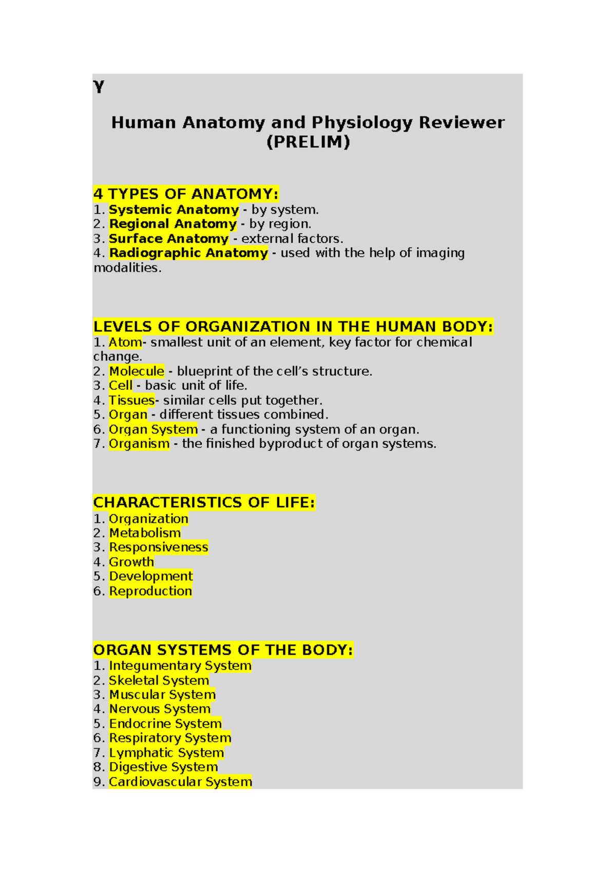 Human Anatomy and Physiology Prelim Reviewer: Key Concepts and Terms ...