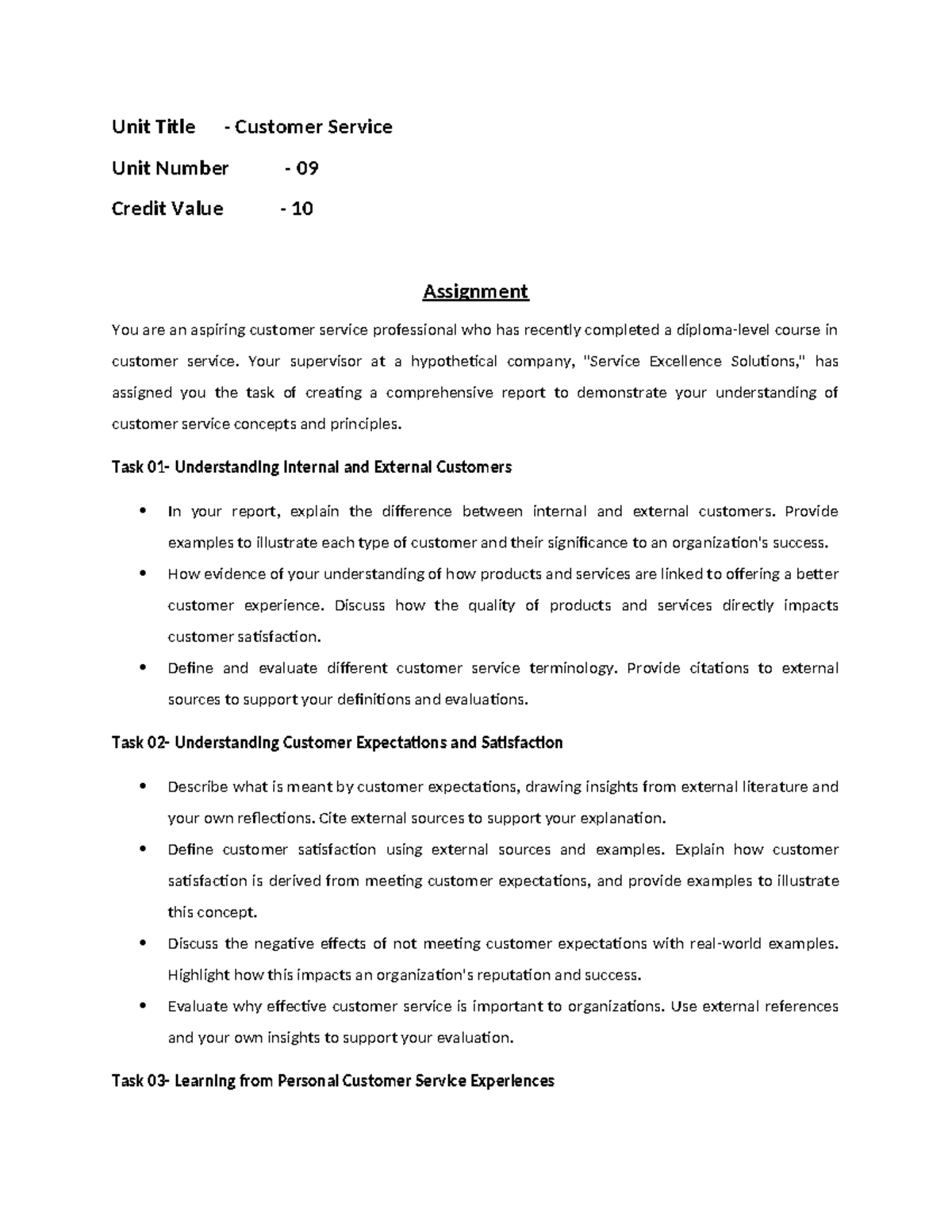 Unit 09: Comprehensive Report on Customer Service Principles and ...