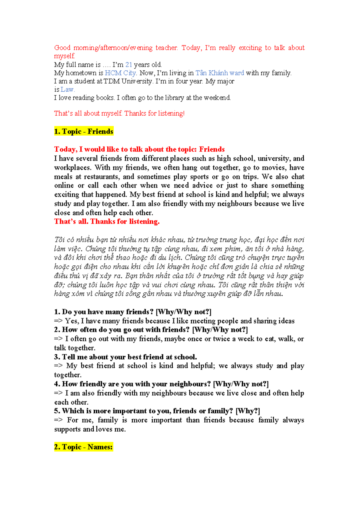 Speaking TA6 - Self-Introduction and Daily Life Topics - Studocu