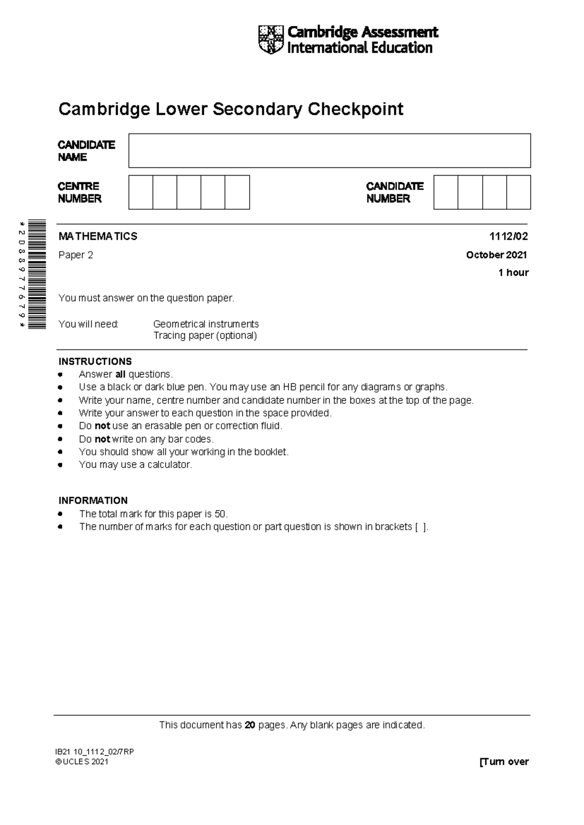 Cambridge Lower Secondary Checkpoint Mathematics Paper 2 - Oct 2021 ...