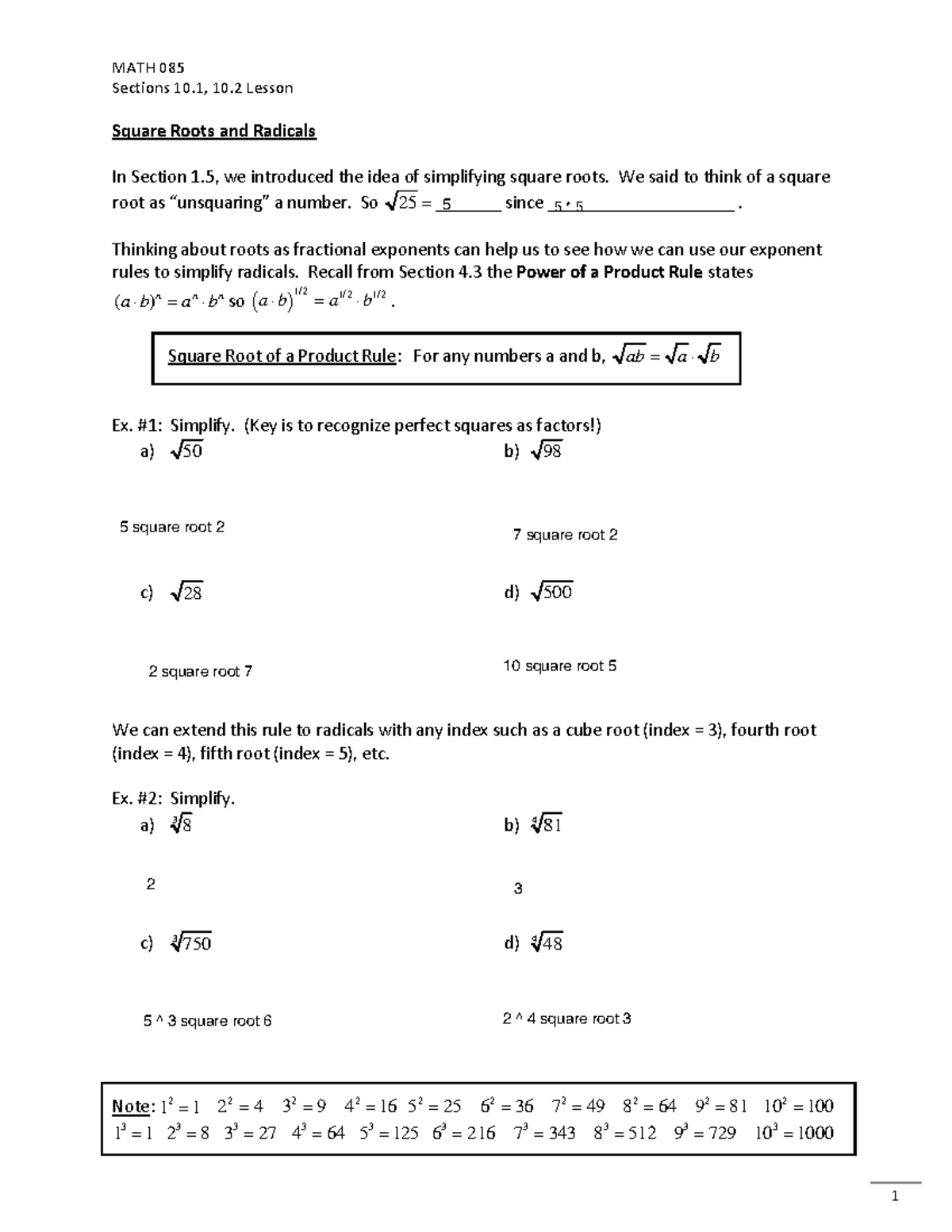 MATH 085 Lesson on Square Roots and Radicals (Sections 10.1, 10.2 ...