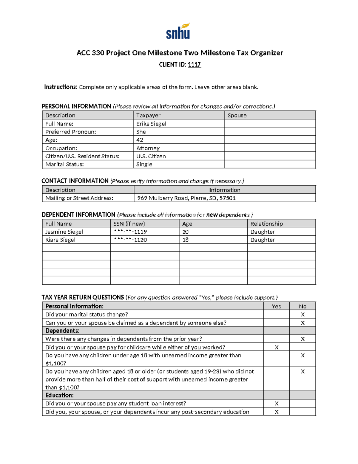 ACC 330 Project One Milestone Two Tax Organizer Template Update - Studocu
