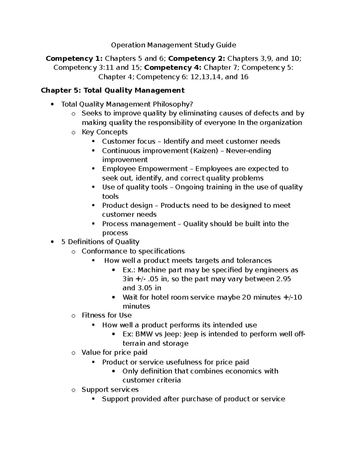 Operation Management Study Guide - Operation Management Study Guide Competency 1: Chapters 5 and ...