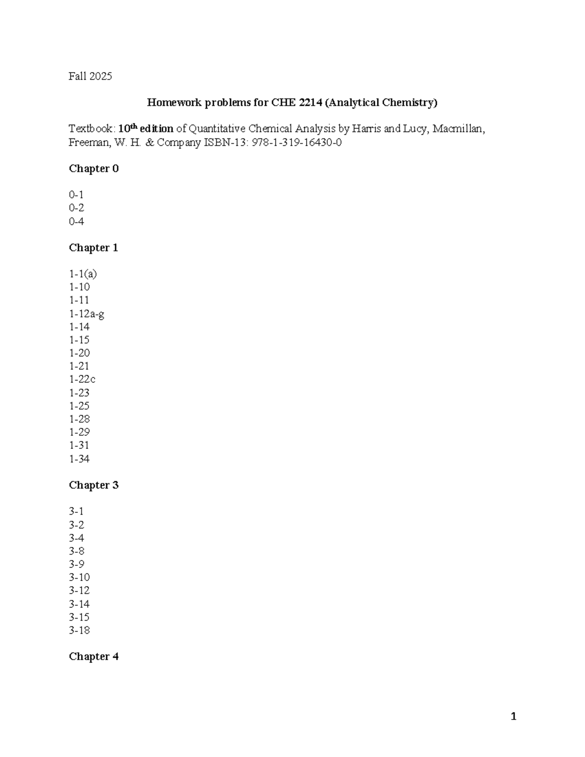 Homework problems CHE 2214 Fall 2025 - Homework problems for CHE 2 214 ...