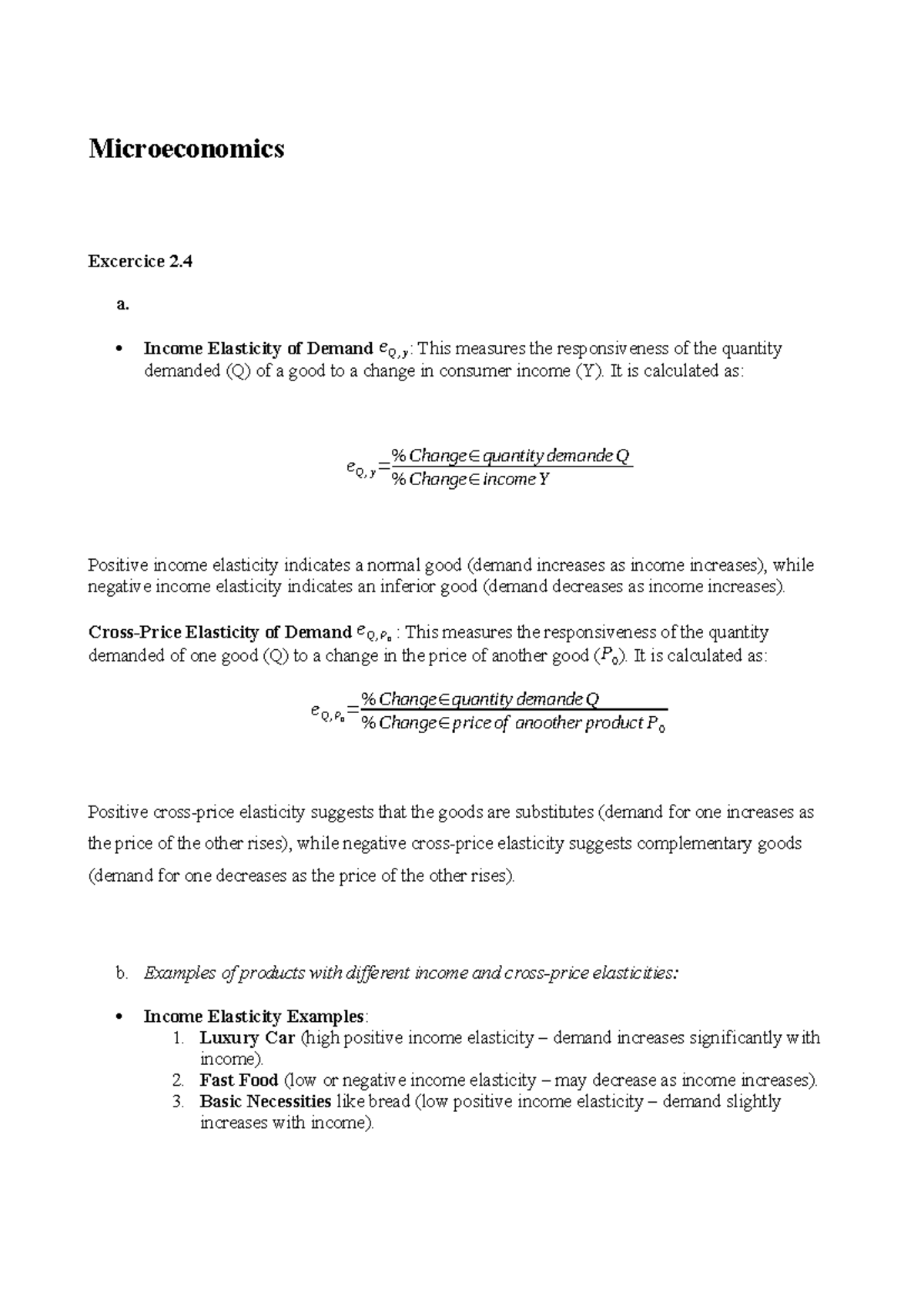Microeconomics Exercise 2.4 & 2.5: Income & Price Elasticity Analysis - Studocu