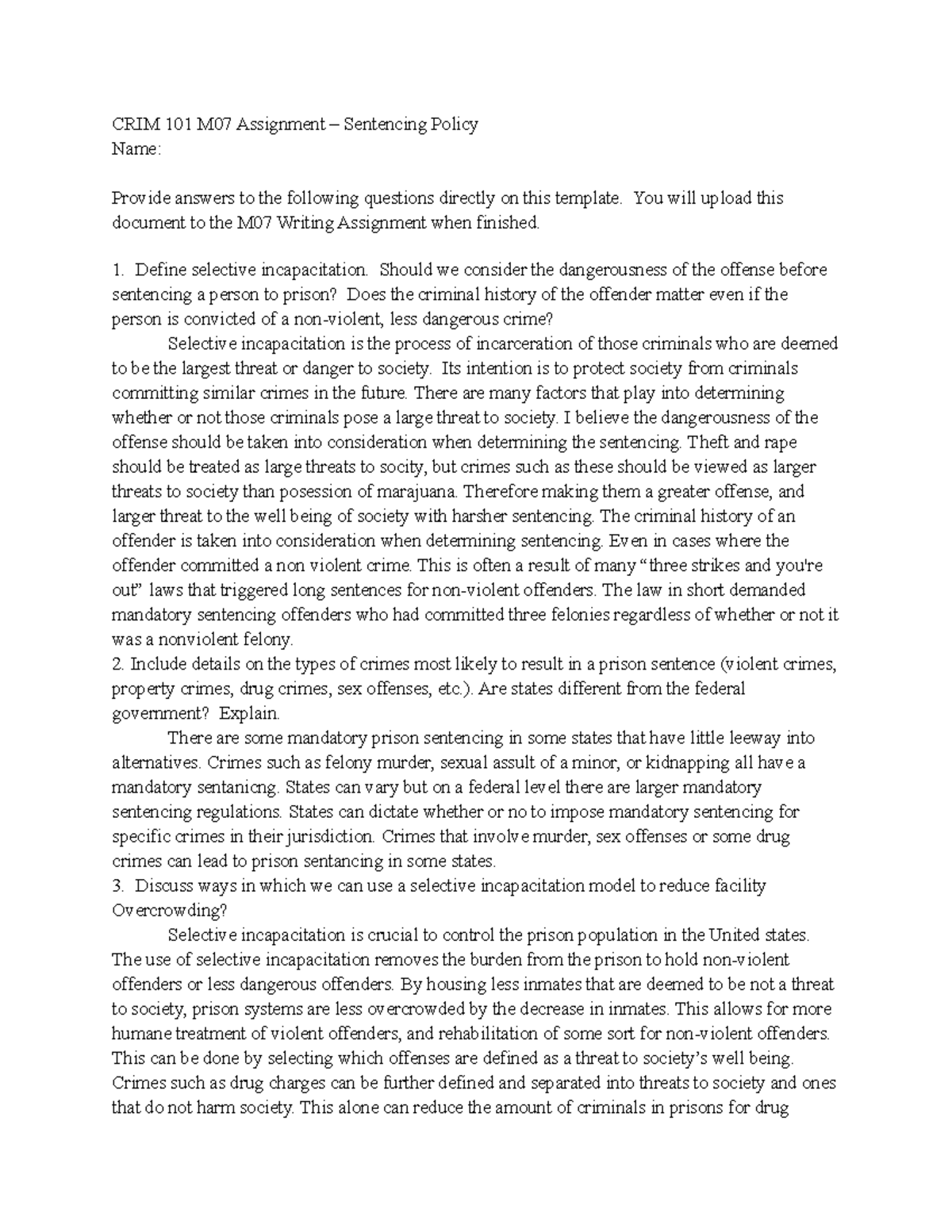 CRIM 101 M07 Assignment – Analysis of Sentencing Policies - Studocu