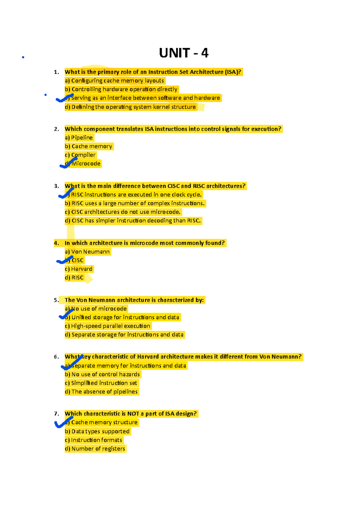 Unit 4 - 6 Sample Questions - UNIT - 4 What is the primary role of an Instruction Set ...
