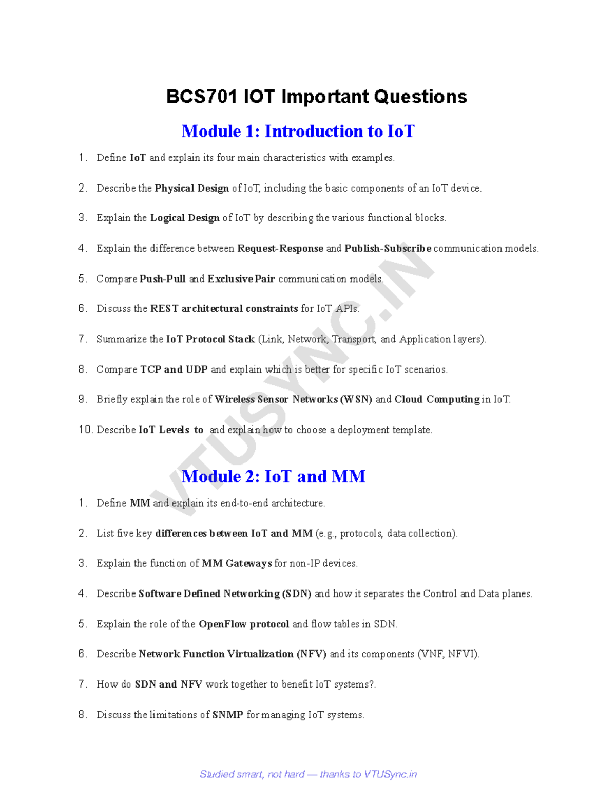 BCS701 IoT Important Questions: Modules 1-4 Overview - Studocu