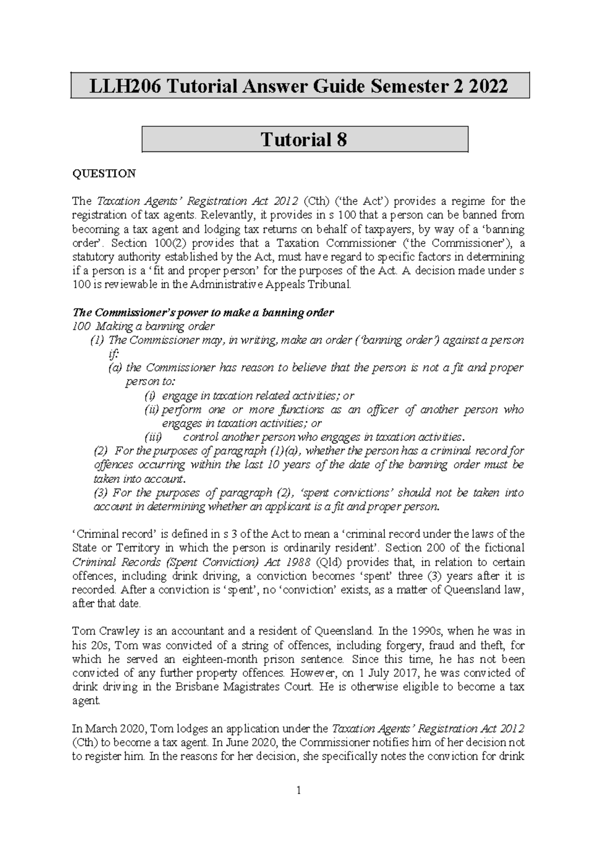 Sallh 206 Tutorial 8 - Practice Exam Answer Guide 24 - LLH206 Tutorial ...