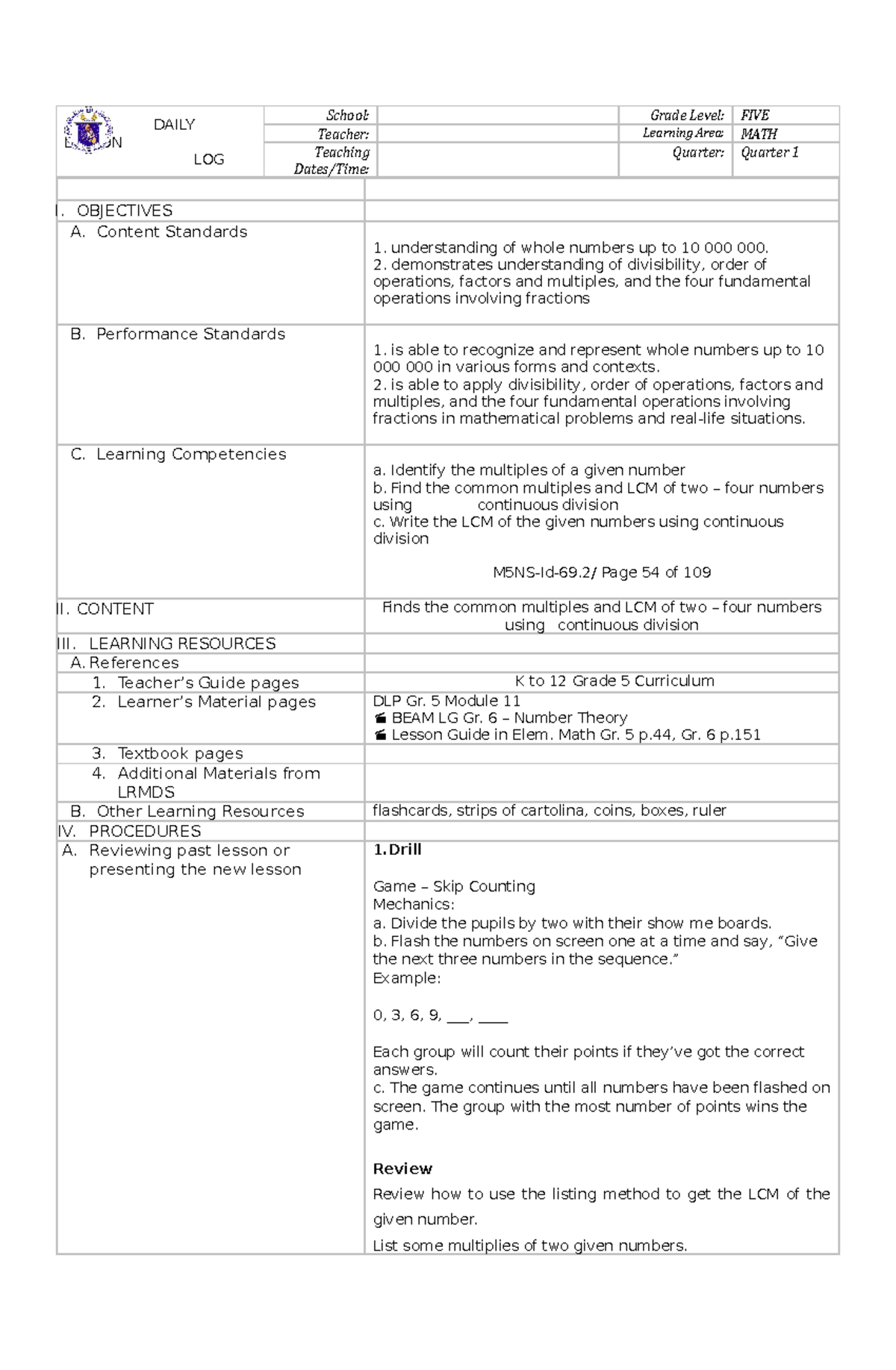 CO DLP MATH Grade 5 Q1 - Lesson Plan on LCM and Whole Numbers - Studocu