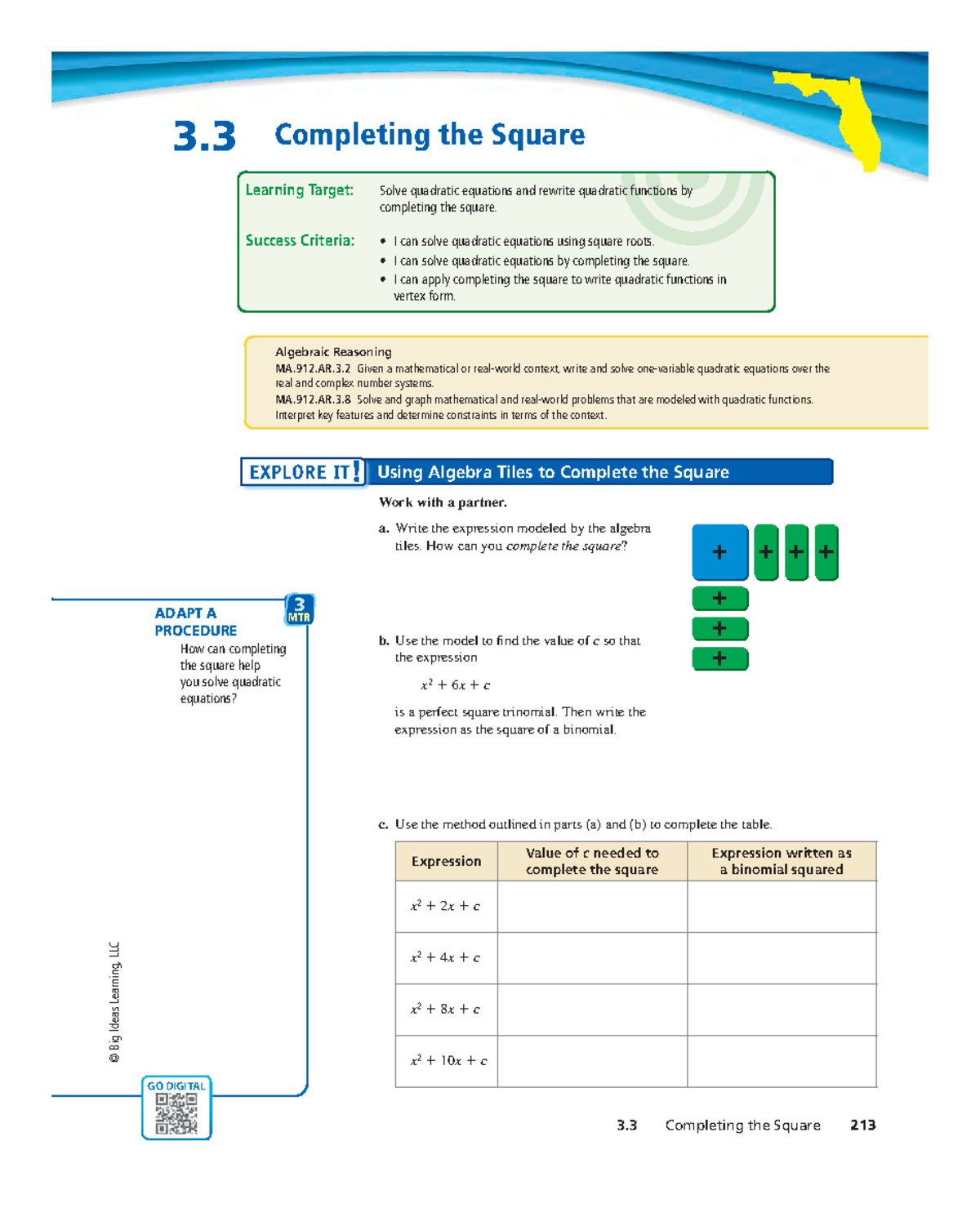 Lesson 3.3 Completing Squares - 3 Completing the Square 213 Work with a ...