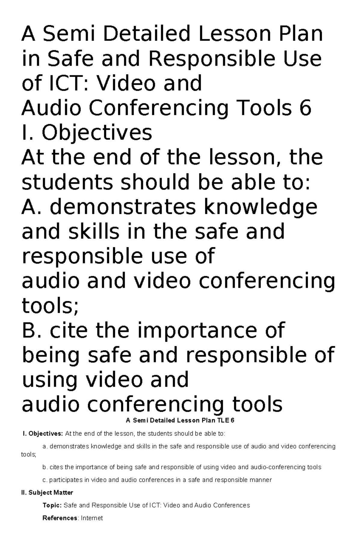 TLE 6 Semi-Detailed LP: Safe Use of Video and Audio Conferencing Tools ...