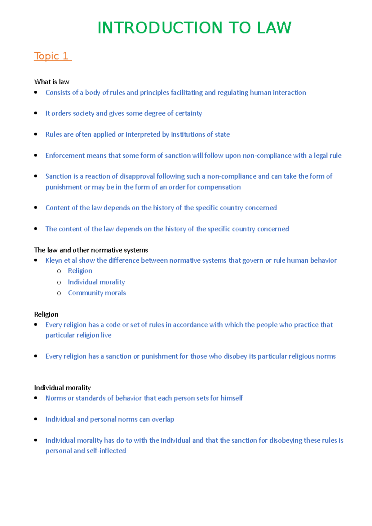 Introduction TO LAW - Summary of all the work for the course - Beginner ...