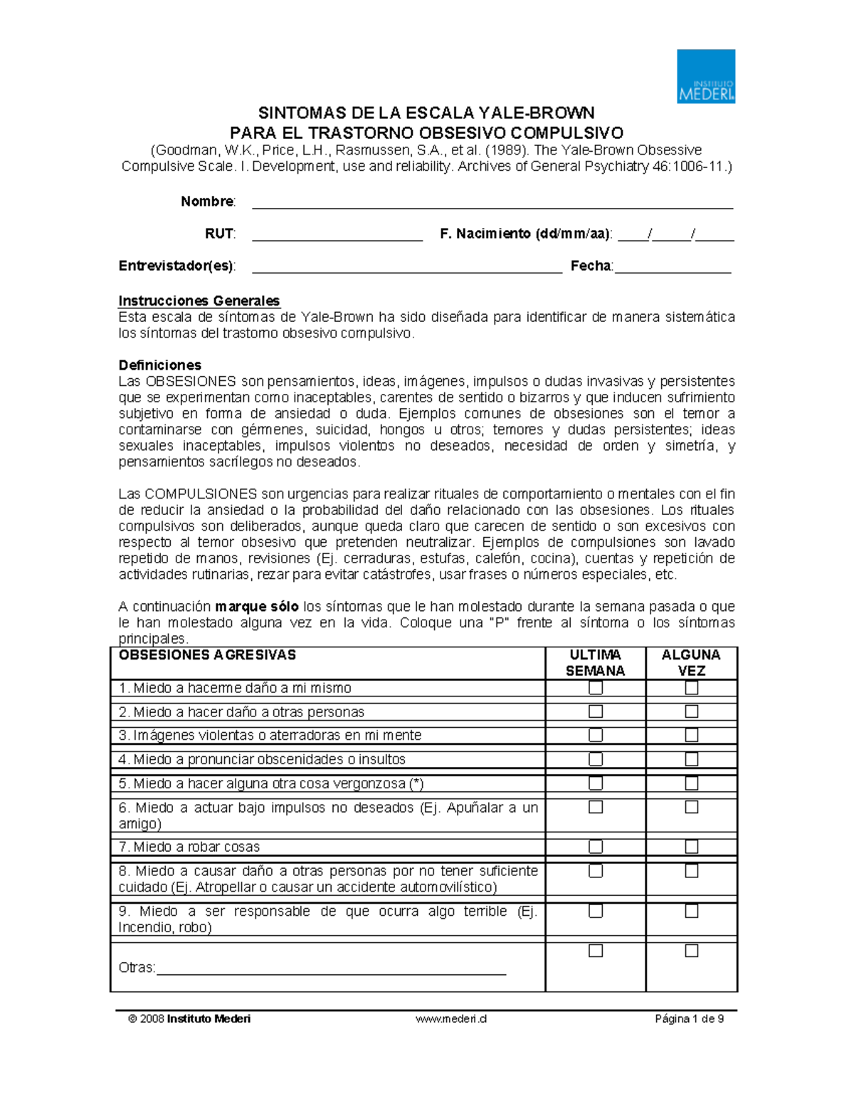 Escala de Síntomas del Trastorno Obsesivo Compulsivo (TOC) - RUT - Studocu