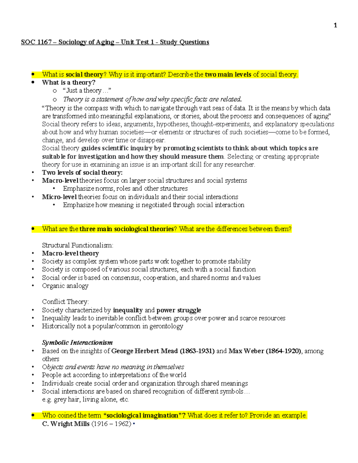 SOC 1167 Sociology of Aging Unit Test 1 Study Guide - Studocu