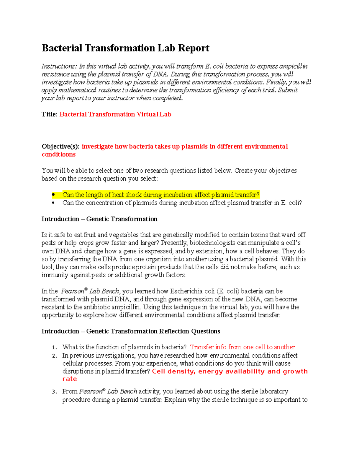 06 08 Bacterial Transformation Lab Report: Investigating Plasmid ...