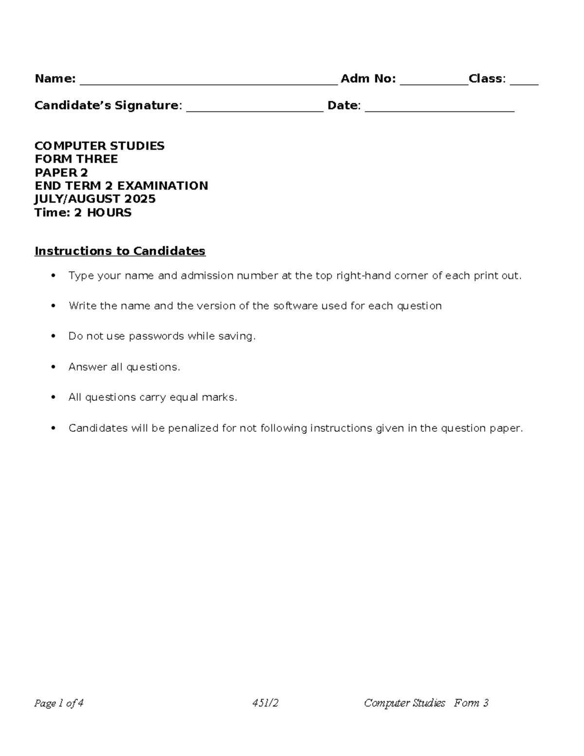 F3 Computer Studies Paper 2 End Term 2 Exam Questions 2025 - Studocu