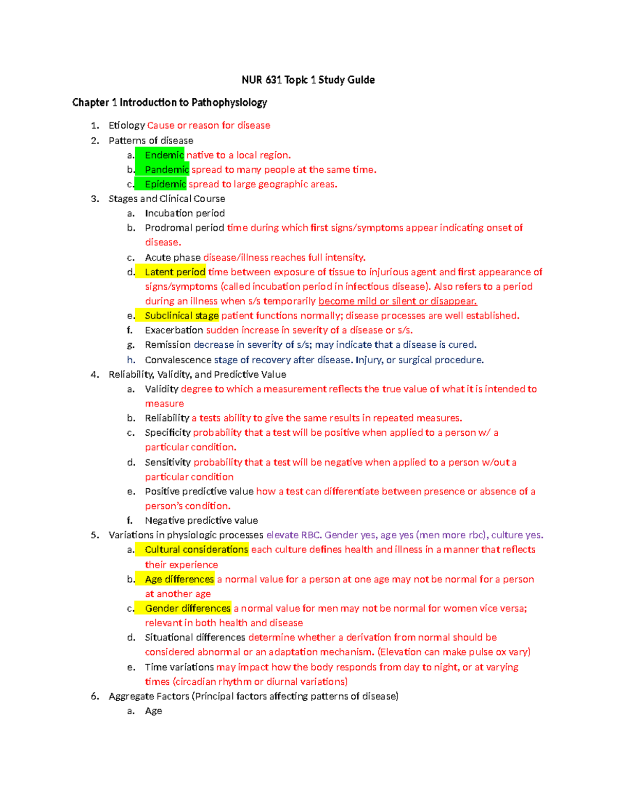 NUR 631 Topic 1 Study Guide: Pathophysiology Chapters 1-6 Overview ...