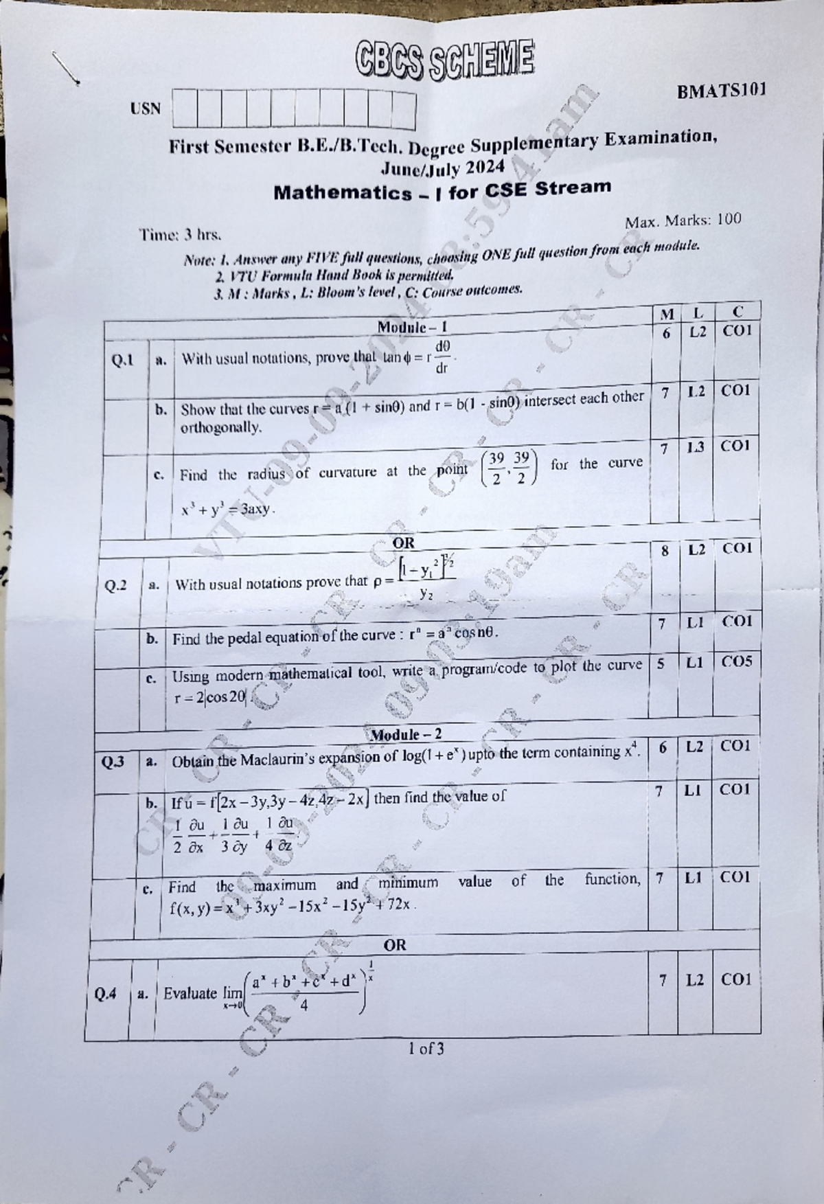 MATH 1 FOR CSE - paper - Q Q. USN Q. Time: 3 hrs. a. C. First Semester ...