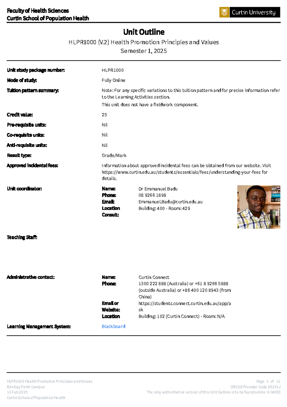 HLPR1000 Unit Outline: Health Promotion Principles & Values - S1 2025 ...