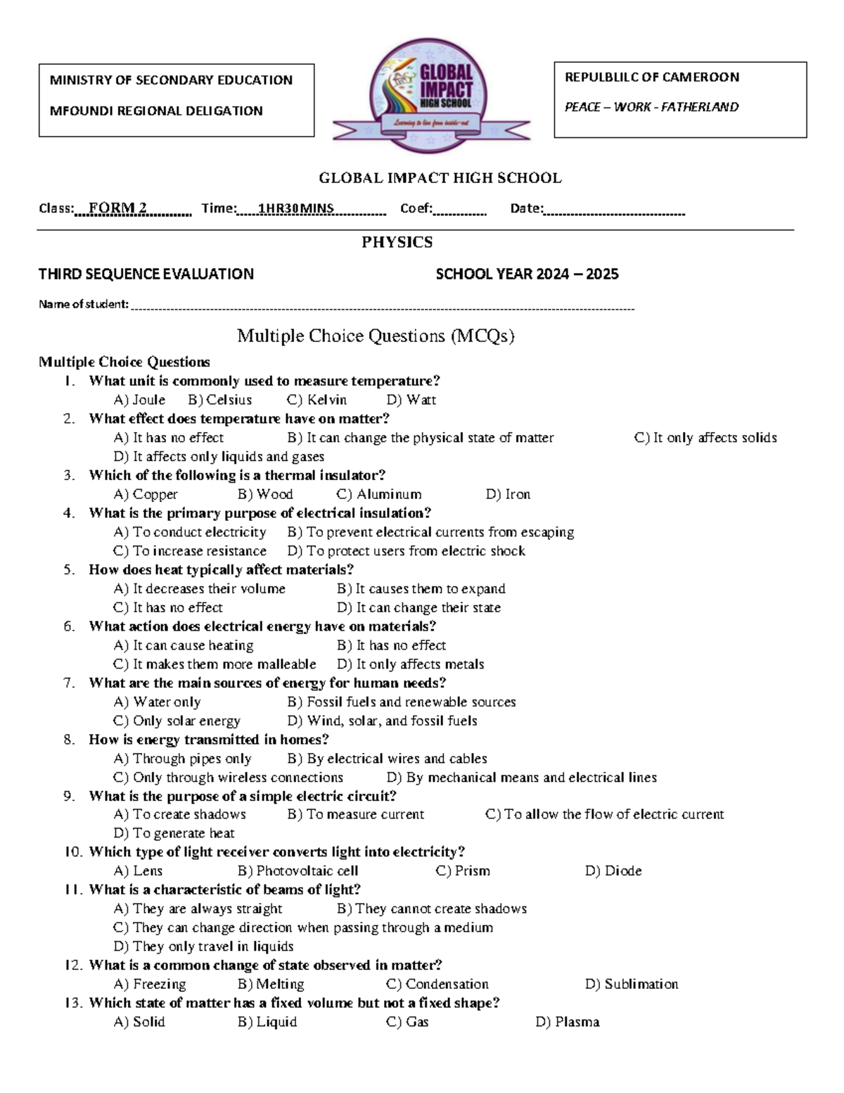 Form 2 Physics MCQs & Answers: 2024-2025 Evaluation - Studocu