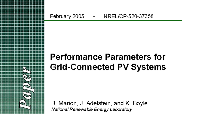 February 2005 Performance Parameters for PV Systems - NREL Report - Studocu