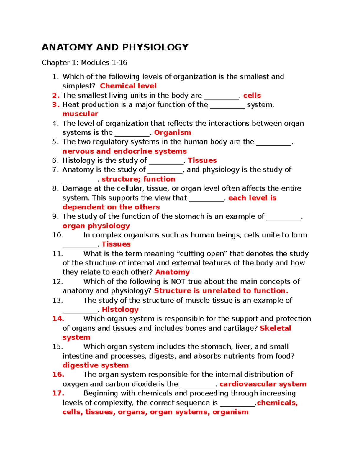 ANATOMY AND PHYSIOLOGY Chapter 1: Levels of Organization and Functions ...