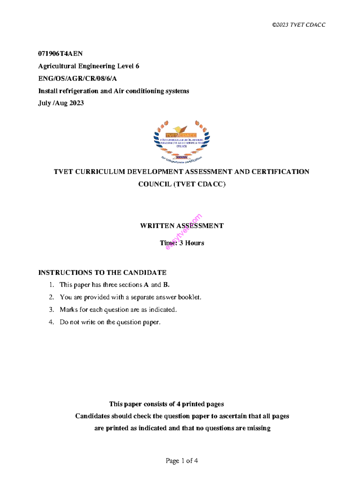 TVET CDACC 071906T4AEN Level 6 Exam: Refrigeration & AC Systems - Studocu