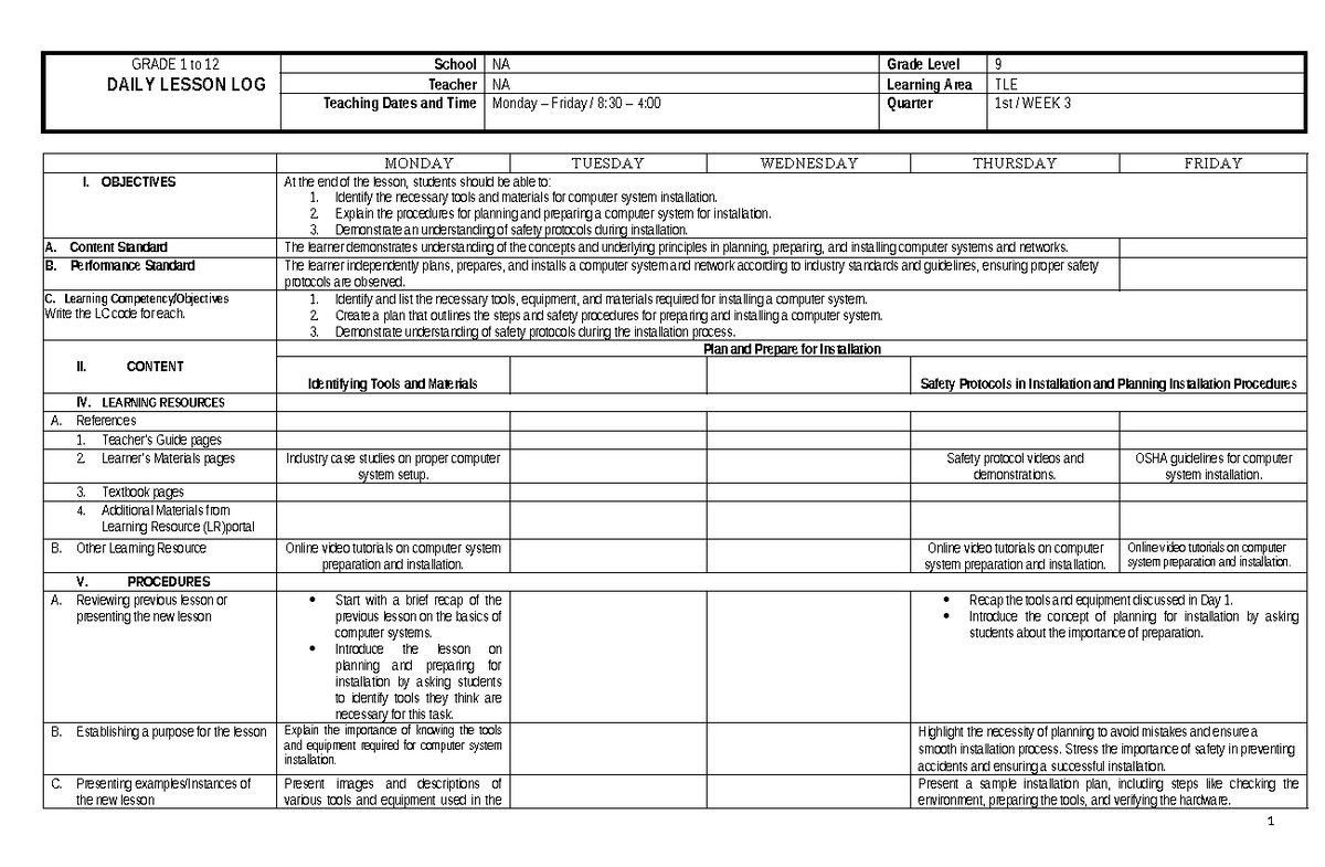 DLL TLE CSS 9 W3 - Daily Lesson Log for Computer System Installation - Studocu