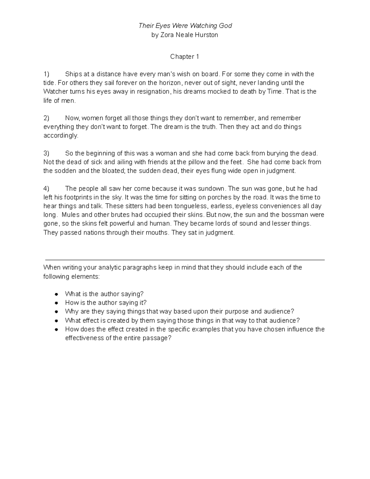 Their Eyes Were Watching God (ENG 101) Chapter 1 Analysis Notes - Studocu