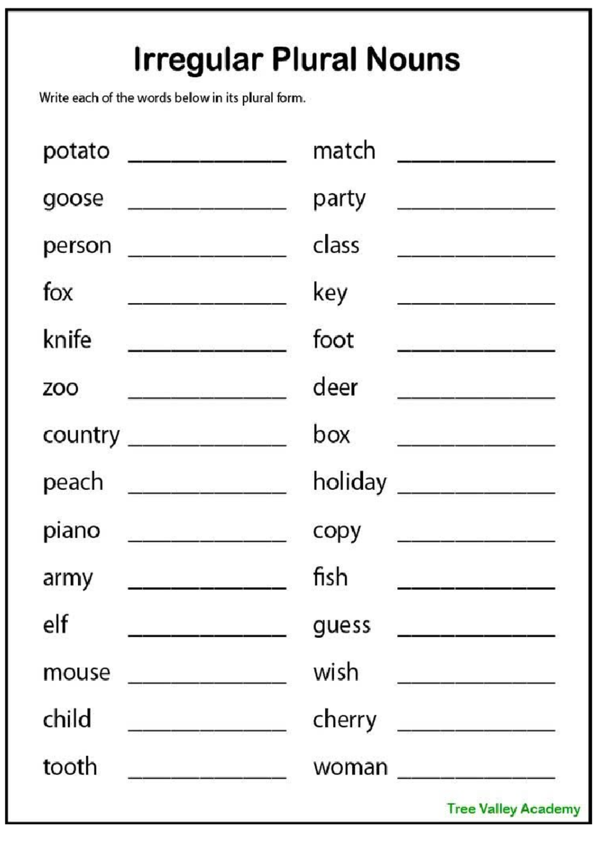 Plural Nouns Worksheet - Tree Valley Academy - Studocu