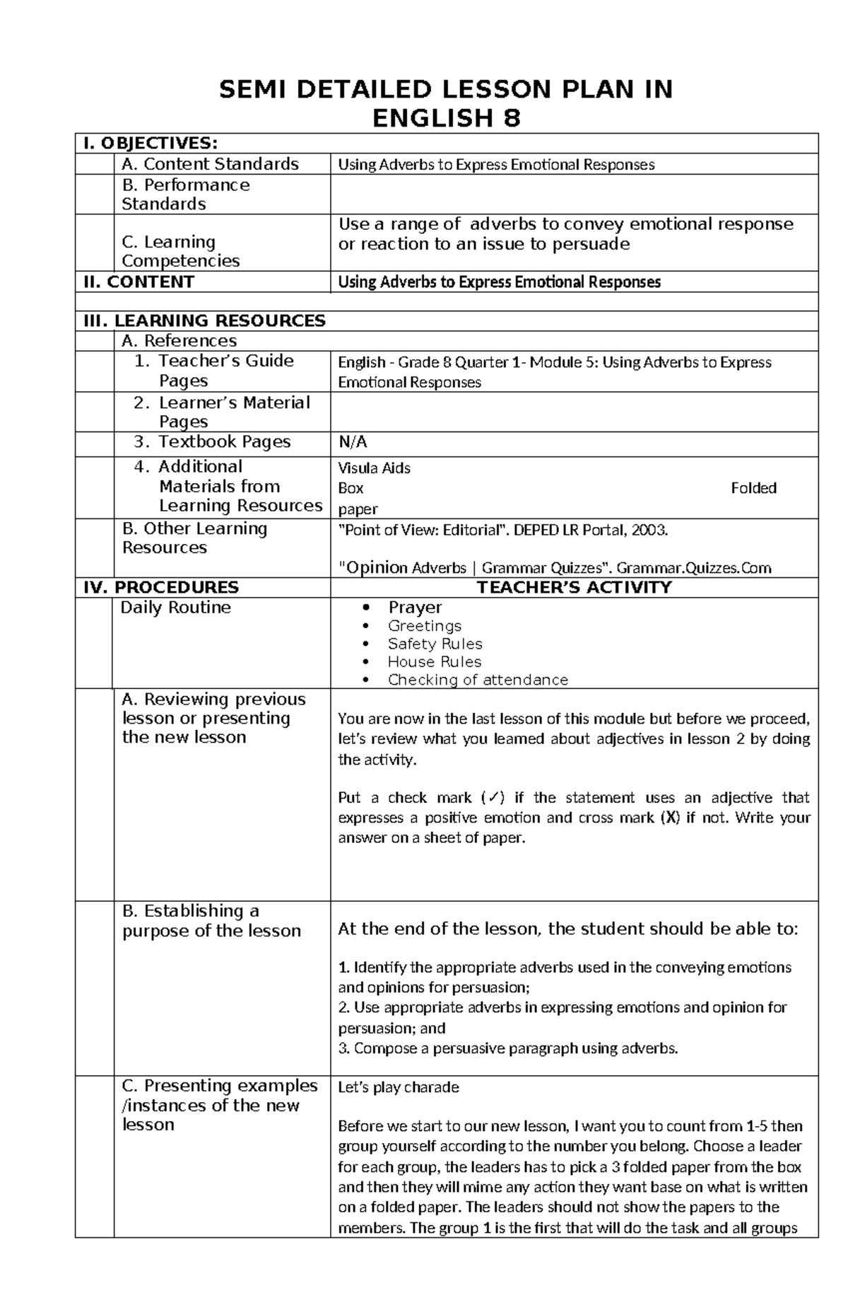 SEMI8-Using Adverbs - Semi lp - SEMI DETAILED LESSON PLAN IN ENGLISH 8 ...
