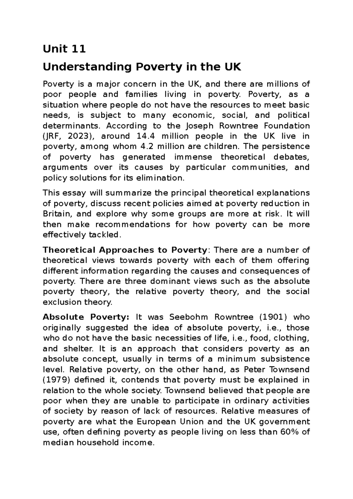 Unit 11: Understanding Poverty in the UK - Theories and Policies - Studocu