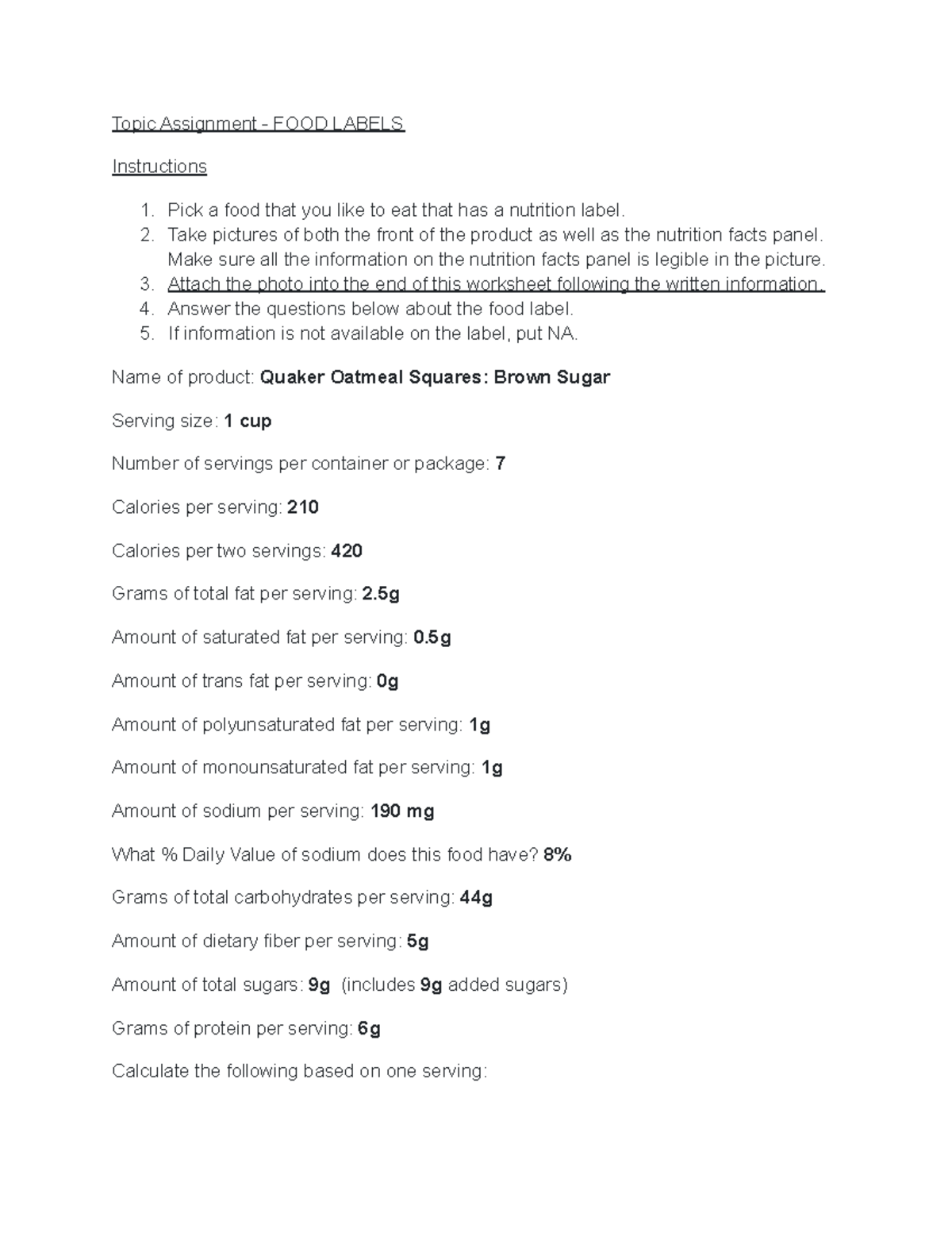 Food Labels assignment - Topic Assignment - FOOD LABELS Instructions ...