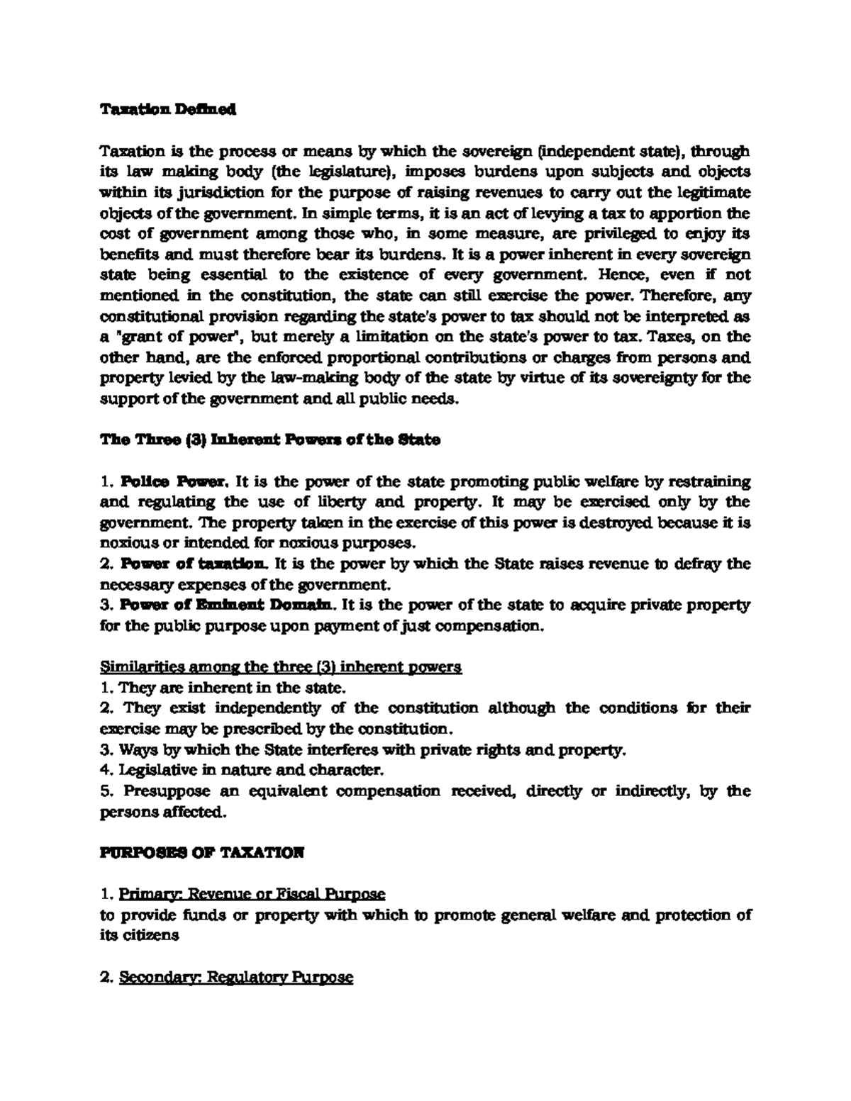 Taxation Defined: Understanding the Inherent Powers of the State - Studocu