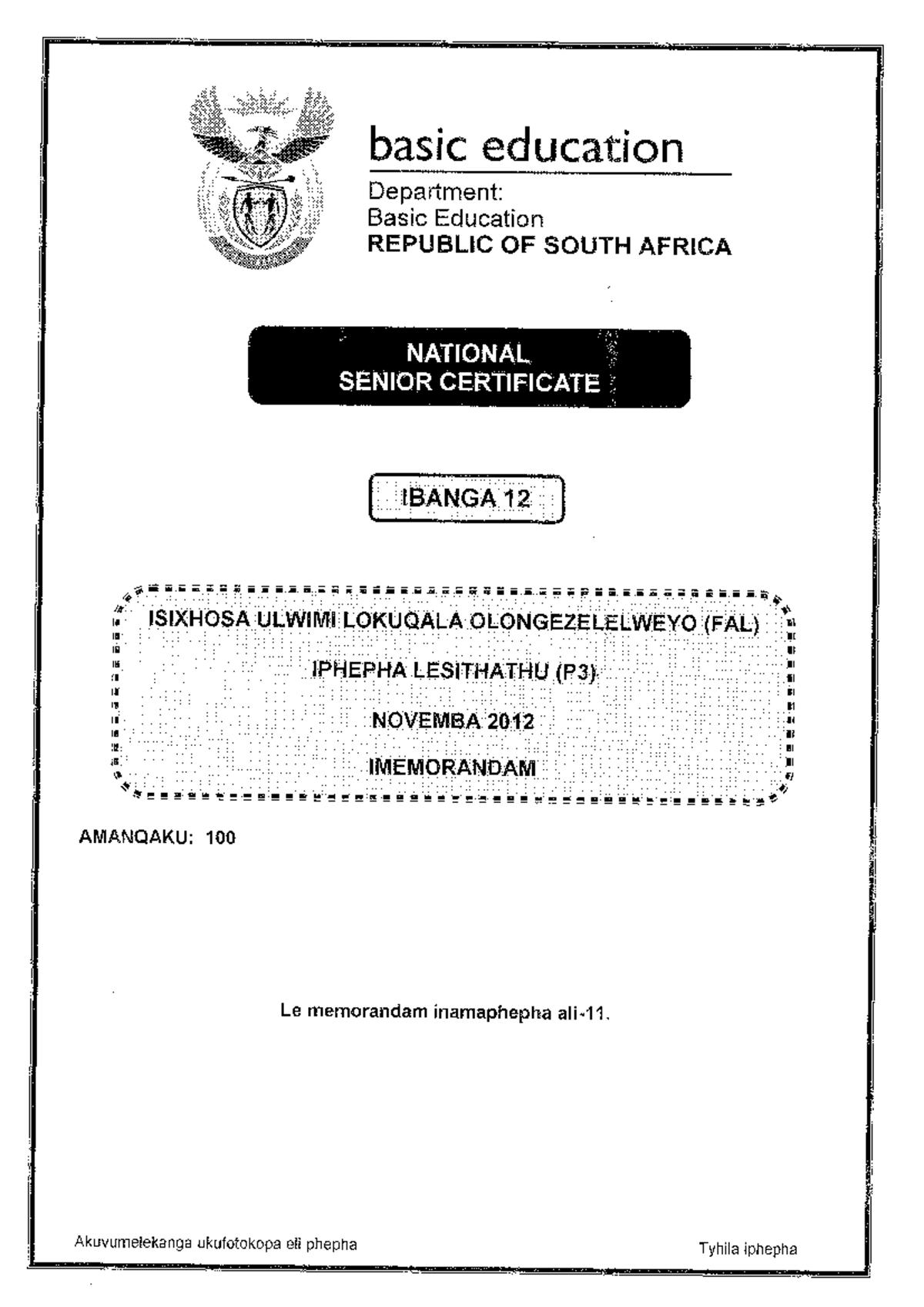 NSC 2012 IsiXhosa FAL P3 Nov Exam Memorandum - Studocu