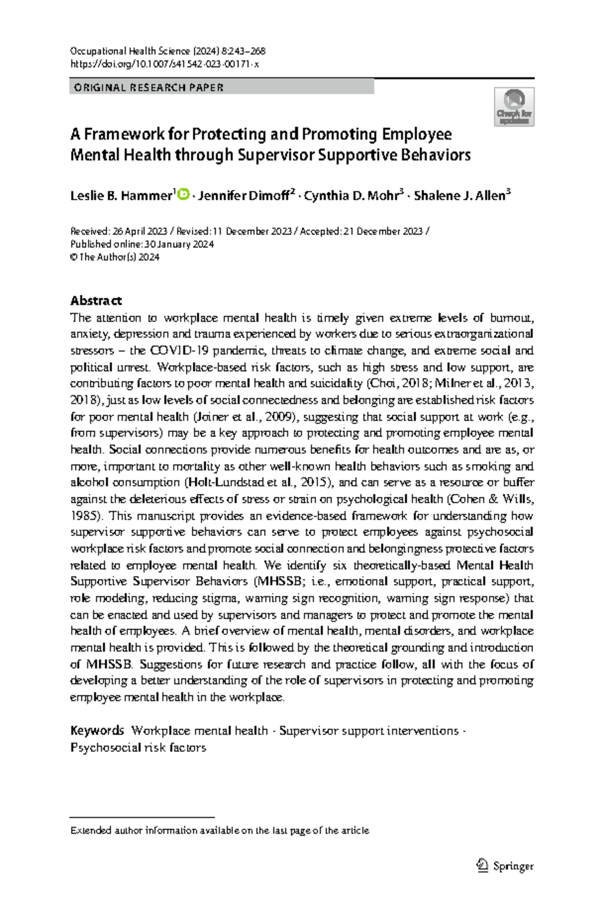 A Framework for Enhancing Employee Mental Health via Supervisor Support ...