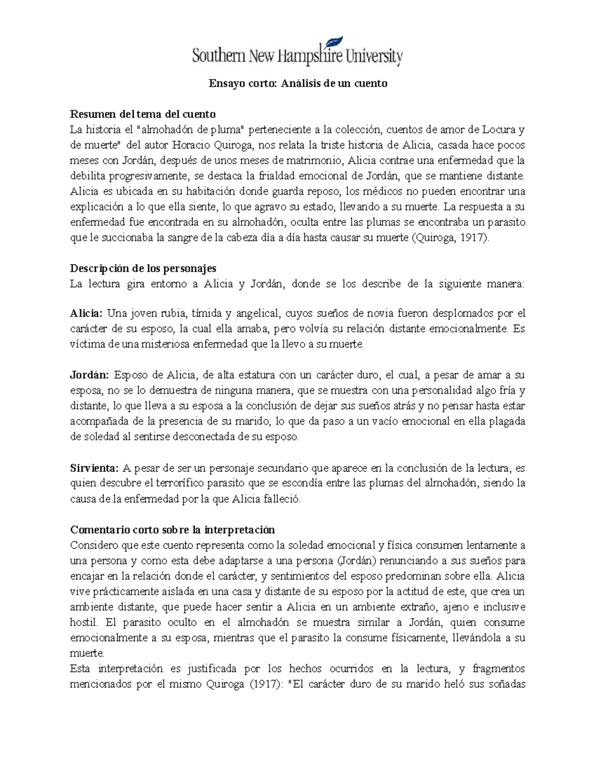 Ensayo corto: Análisis del cuento "El almohadón de plumas" (LIT 101 ...