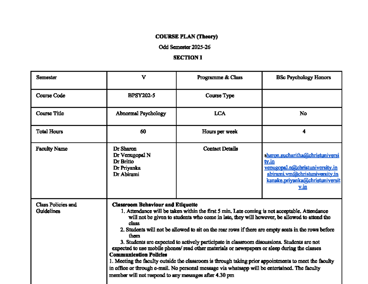 BSc Psychology Honors - Abnormal Psychology Course Plan (Odd Sem) - Studocu