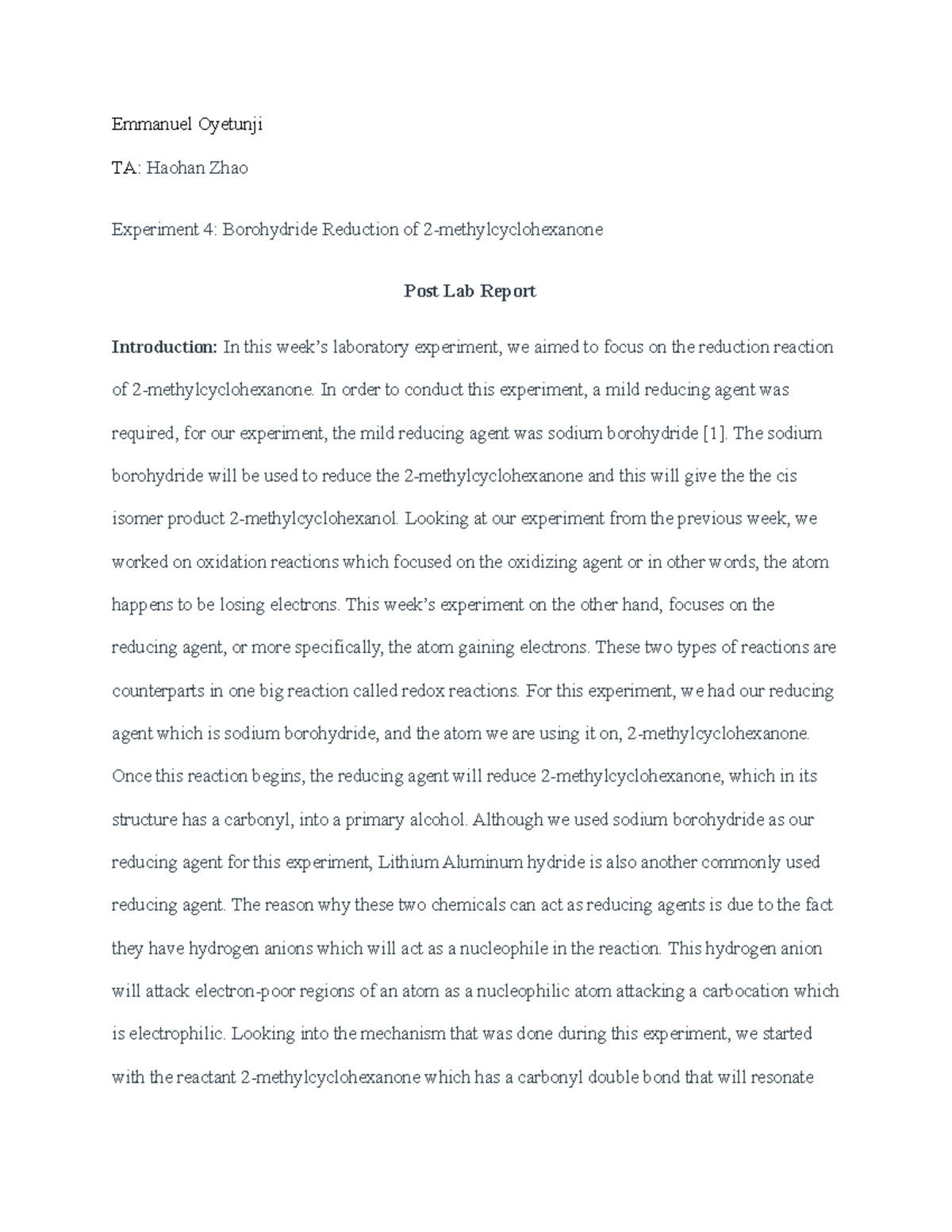 Post Lab 4 orgo 2 - This is the post lab report for the 4th experiment ...